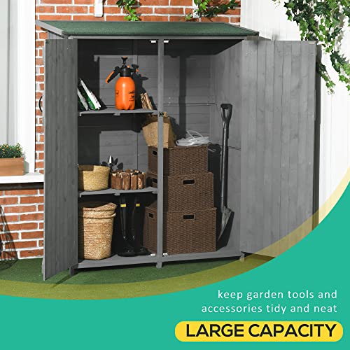 Outsunny Outdoor Storage Cabinet Wooden Garden Shed Utility Tool Organizer with Waterproof Asphalt Rood, Lockable Doors, 3 Tier Shelves for Lawn, Backyard, Grey