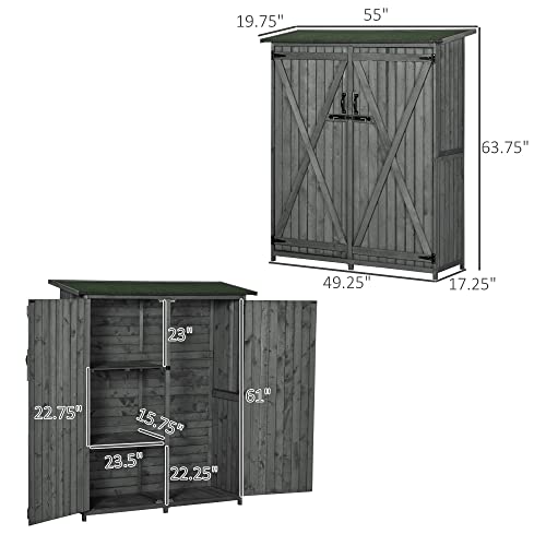 Outsunny Outdoor Storage Cabinet Wooden Garden Shed Utility Tool Organizer with Waterproof Asphalt Rood, Lockable Doors, 3 Tier Shelves for Lawn, Backyard, Grey