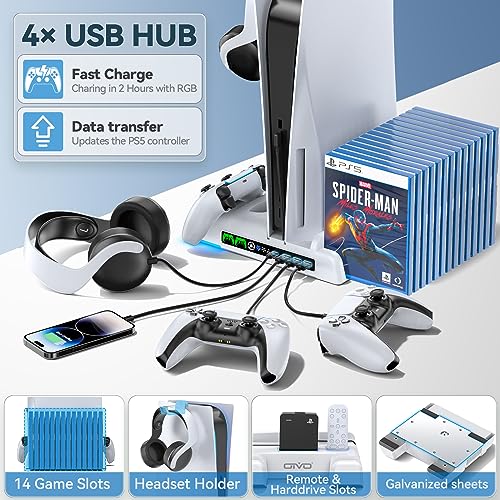 PS5 Stand and Cooling Station with RGB LED Controller Charging Station for Playstation 5 Console, 2H Fast PS5 Controller Charger, PS5 Accessories with 3-Level Cooling Fan, Headset holder, 3 USB Hub