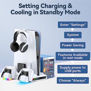 PS5 Stand and Cooling Station with RGB LED Controller Charging Station for Playstation 5 Console, 2H Fast PS5 Controller Charger, PS5 Accessories with 3-Level Cooling Fan, Headset holder, 3 USB Hub