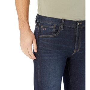 A|X ARMANI EXCHANGE Men's 5 Pocket Slim Denim, Dark Wash/Tobacco Stitching/Stretch Cotton