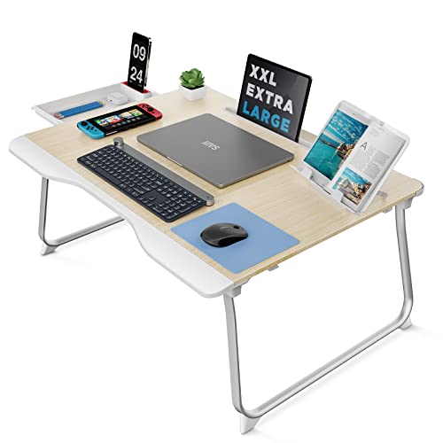 SAIJI Folding Bed Desk for Laptop, Eating Breakfast, Writing, Gaming, Extra Large 25.6" x 19.3" Portable Floor Stand Laptop Desk Table for Adult,Kids, Wood Bed Tray Table Lap Desk