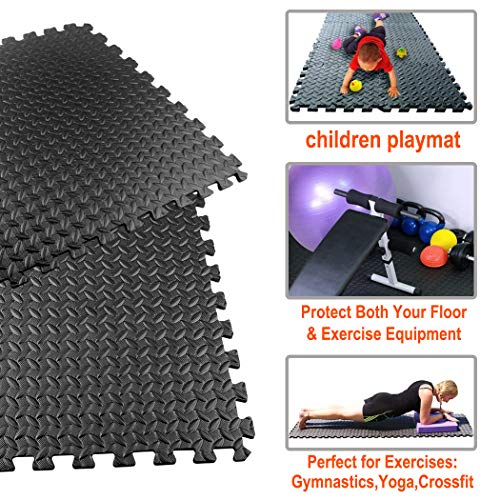 Walsai Exercise Mats Puzzle Foam Mats Gym Flooring Mat Cover 20 SQ.FT Interlocking Foam Mats with EVA Foam Floor Tiles for Home Gym Equipment Workouts Black