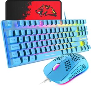 gaming keyboard and mouse combo,88 keys compact rainbow backlit mechanical feel keyboard,rgb backlit 6400 dpi lightweight gaming mouse with honeycomb shell for windows pc gamers (blue)