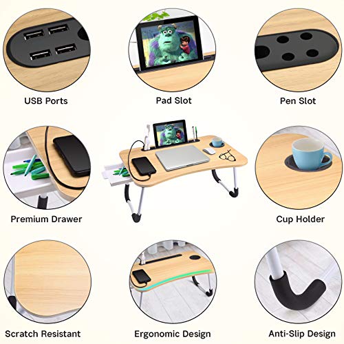 Slendor Laptop Desk Laptop Bed Stand Foldable Laptop Table Folding Breakfast Tray Portable Lap Standing Desk Reading and Writing Holder with Drawer for Bed Couch Sofa Floor