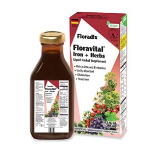 floradix, floravital iron & herbs vegan liquid supplement, energy support for women and men, easily absorbed, non-gmo, vegan, kosher, lactose-free, unflavored, 8.5