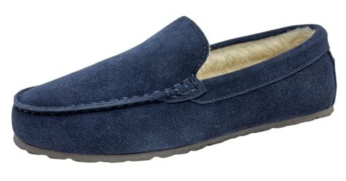 Clarks Mens Suede Moccasin Slippers Warm Cozy Indoor Outdoor Plush Faux Fur Lined Slipper For Men (9 M US, Navy)