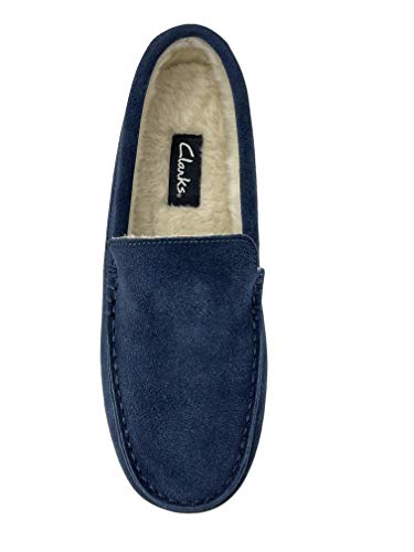 Clarks Mens Suede Moccasin Slippers Warm Cozy Indoor Outdoor Plush Faux Fur Lined Slipper For Men (9 M US, Navy)