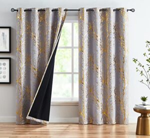 fmfunctex branch grey blackout curtain panels for bedroom 84" foil gold tree branch window curtains metallic print energy efficient thermal curtain drapes for guest living room grommet top 2 panels