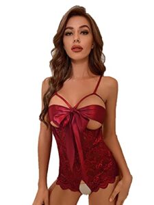 romwe women's self knot front teddy lingerie one piece floral lace bodysuit babydoll burgundy l