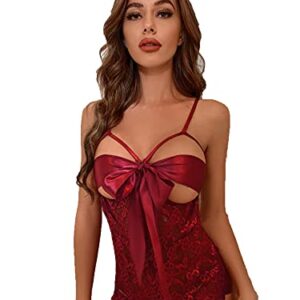 Romwe Women's Self Knot Front Teddy Lingerie One Piece Floral Lace Bodysuit Babydoll Burgundy L