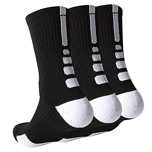 Qiangyun Men 's Athletic Basketball Crew Socks, White Elite Cushioned Mid-Calf Sports Running Compression Socks for Men Women Boys Big girl, Sport Socks A-04,9-12