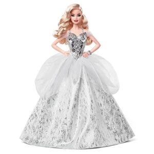 barbie signature 2021 holiday doll (12-inch, blonde wavy hair) in silver gown, with doll stand and certificate of authenticity, gift for 6 year olds and up