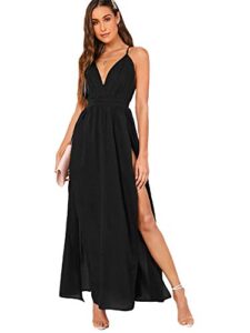 floerns women's v neck spaghetti strap backless split cocktail party maxi long dress a black m