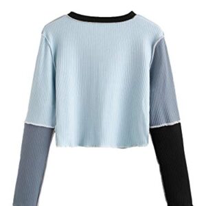 SheIn Women's Patchwork Color Block Crop Top Tees Long Sleeve Round Neck Ribbed Knit T Shirt Blue and Black Small