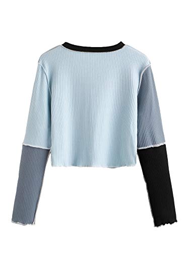 SheIn Women's Patchwork Color Block Crop Top Tees Long Sleeve Round Neck Ribbed Knit T Shirt Blue and Black Small