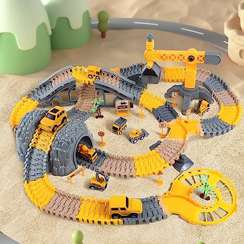 TUMAMA 258pcs Construction Race Track Vehicle Toys for Boys and Girls with 2 Electric Cars,STEM Building Bendable Race Cars Trucks Track Sets for Toddlers 3 4 5 6 Years Old