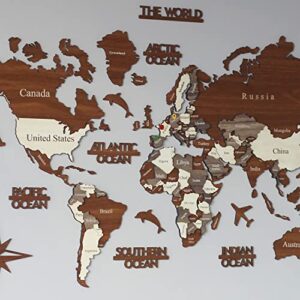 3D Wooden World Map, Wood Wall Map, Housewarming Gift, World Map, Wall Art Decor, Wooden Travel Map, Birthday Gift (L Standard - 59x35 inches)