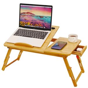 lap desk, coiwai laptop desk for bed, bamboo adjustable height angle foldable stand with tablet phone slot storage drawer, portable tray table for netebook computer breakfast work study reading kids