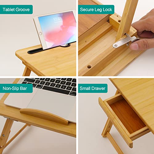 Lap Desk, COIWAI Laptop Desk for Bed, Bamboo Adjustable Height Angle Foldable Stand with Tablet Phone Slot Storage Drawer, Portable Tray Table for Netebook Computer Breakfast Work Study Reading Kids