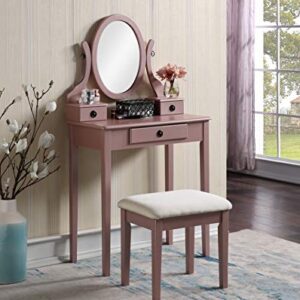 Roundhill Furniture Moniys Wood Moniya Makeup Vanity Table and Stool Set, Rose Gold