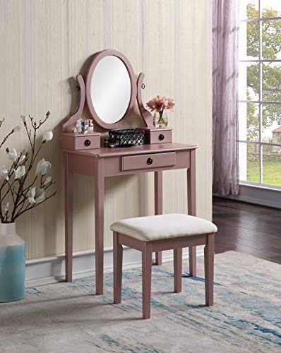 Roundhill Furniture Moniys Wood Moniya Makeup Vanity Table and Stool Set, Rose Gold