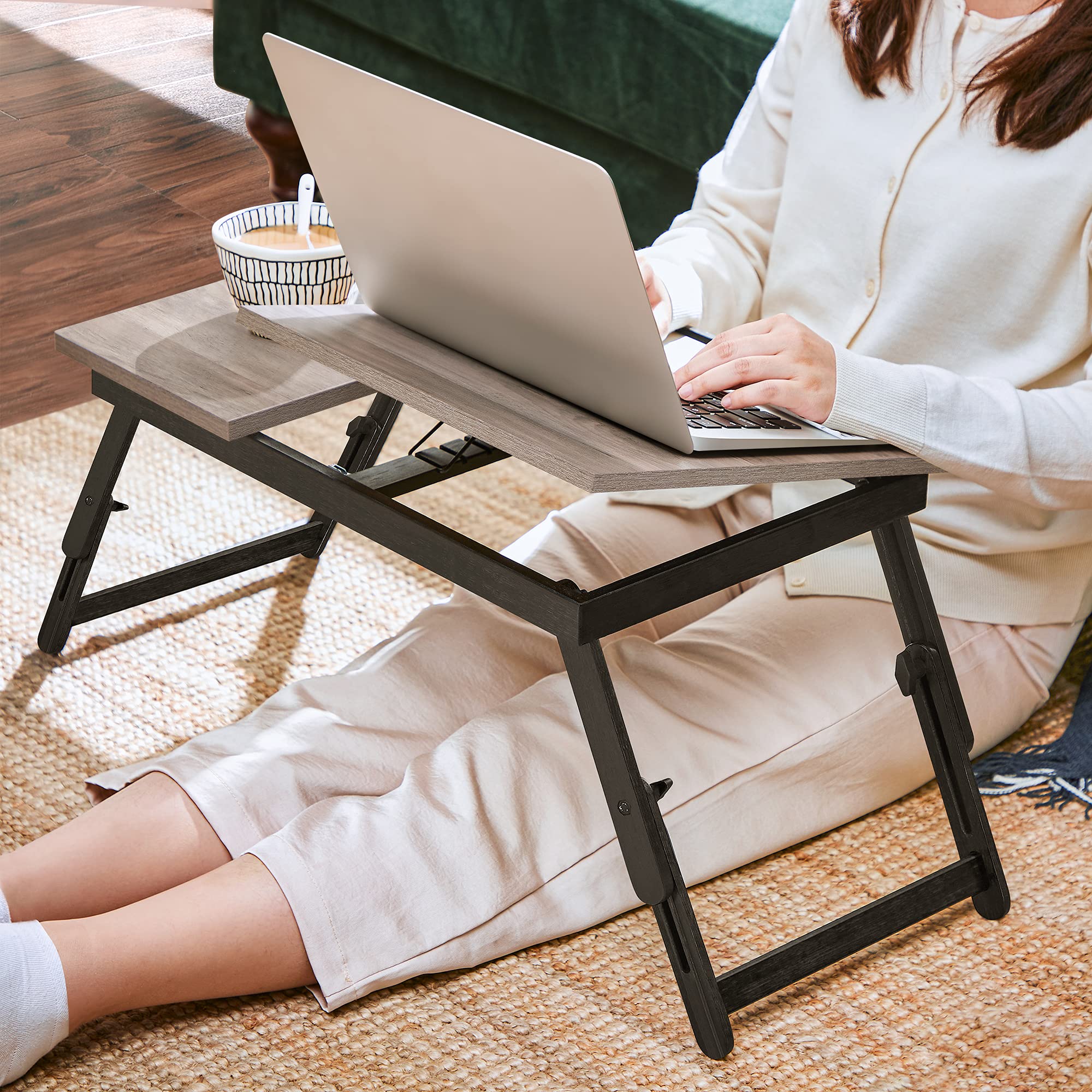 SONGMICS Laptop Desk for Bed or Sofa with Adjustable Tilting Top, Breakfast Serving Tray with Height Adjustable Folding Legs, Fits Screen Size up to 15.6 Inches, Floor Desk, Greige ULLD105W01