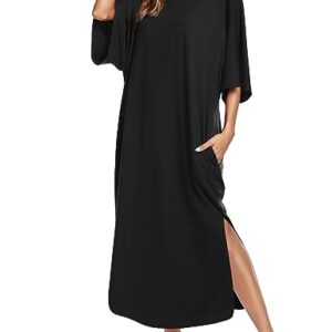 Ekouaer Womens, Loungewear, Nightgown Nightshirt, Plus Size Sleepwear, Oversized Pajama Dress, Long Sleep Dress with Pockets, A_black, 4X-Large