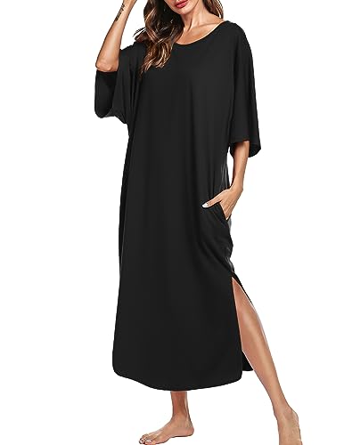 Ekouaer Womens, Loungewear, Nightgown Nightshirt, Plus Size Sleepwear, Oversized Pajama Dress, Long Sleep Dress with Pockets, A_black, 4X-Large