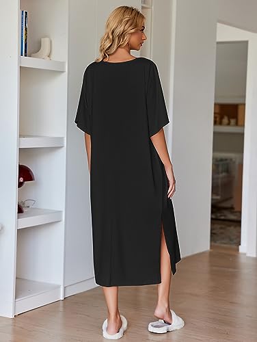 Ekouaer Womens, Loungewear, Nightgown Nightshirt, Plus Size Sleepwear, Oversized Pajama Dress, Long Sleep Dress with Pockets, A_black, 4X-Large