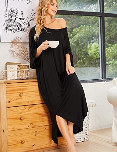 Ekouaer Womens, Loungewear, Nightgown Nightshirt, Plus Size Sleepwear, Oversized Pajama Dress, Long Sleep Dress with Pockets, A_black, 4X-Large