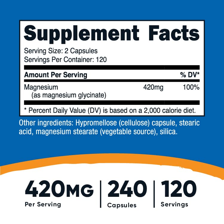 Nutricost Magnesium Glycinate 420mg, 240 Capsules - 120 Servings, Non-GMO, Gluten Free, Vegetarian Friendly