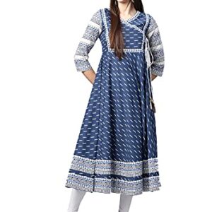 Yash Gallery Cotton Slub Ikat Printed Anarkali Kurtis for Women (Black)