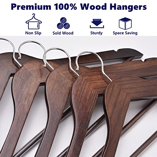 Amber Home Solid Wood Suit Coat Hangers 30 Pack, Smooth Retro Finish Wooden Dress Hangers with Non Slip Pant Bar, Clothes Hangers with 360 Swivel Hook & Notches for Jacket, Pant, Shirt (Retro, 30)