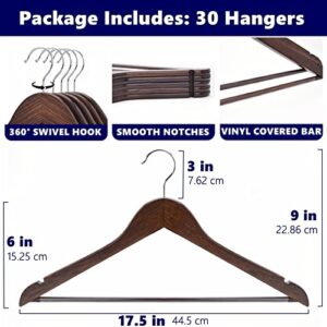 Amber Home Solid Wood Suit Coat Hangers 30 Pack, Smooth Retro Finish Wooden Dress Hangers with Non Slip Pant Bar, Clothes Hangers with 360 Swivel Hook & Notches for Jacket, Pant, Shirt (Retro, 30)