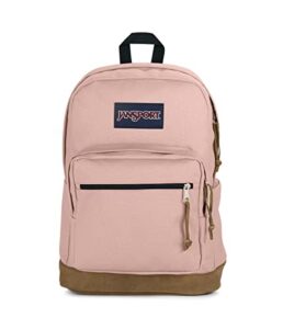 jansport right pack backpack - travel, work, or laptop bookbag with suede leather bottom with water bottle pocket, misty rose