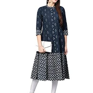 Yash Gallery Women's Cotton Ikat Print A-Line Kurta (Blue)