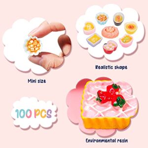 Skylety 100 Pieces Miniature Food Drinks Toys Mixed Resin Foods for Doll Kitchen Pretend Play Mini Food Set for Adults Teenagers Doll House