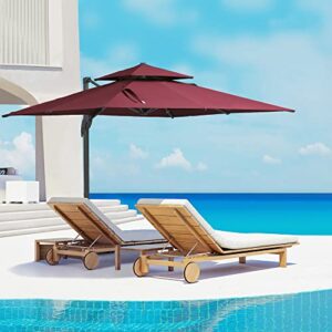 Outsunny 10ft Cantilever Patio Umbrella with Base, Hanging Aluminum Offset Umbrella with 360° Rotation, Easy Tilt, 8 Ribs, Crank, Cross Base Included for Backyard, Poolside, Lawn, Garden, Wine Red