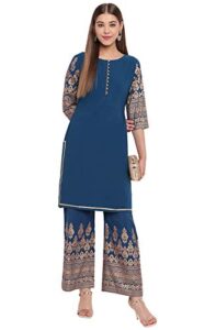 janasya women's blue foil printed poly crepe kurti with palazzo