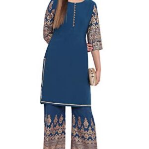 Janasya Women's Blue Foil Printed Poly Crepe Kurti With Palazzo