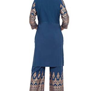 Janasya Women's Blue Foil Printed Poly Crepe Kurti With Palazzo