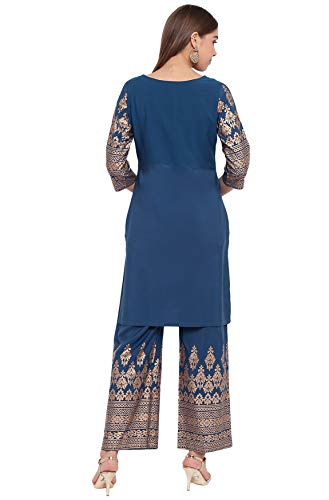 Janasya Women's Blue Foil Printed Poly Crepe Kurti With Palazzo