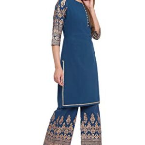 Janasya Women's Blue Foil Printed Poly Crepe Kurti With Palazzo