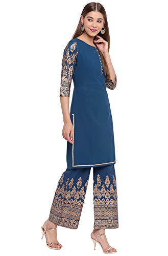 Janasya Women's Blue Foil Printed Poly Crepe Kurti With Palazzo