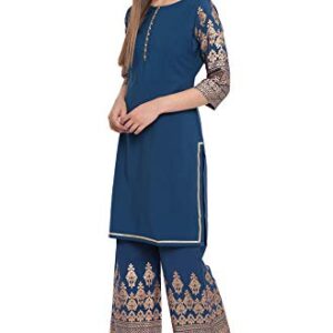 Janasya Women's Blue Foil Printed Poly Crepe Kurti With Palazzo