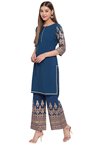 Janasya Women's Blue Foil Printed Poly Crepe Kurti With Palazzo