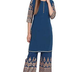 Janasya Women's Blue Foil Printed Poly Crepe Kurti With Palazzo