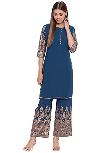 Janasya Women's Blue Foil Printed Poly Crepe Kurti With Palazzo