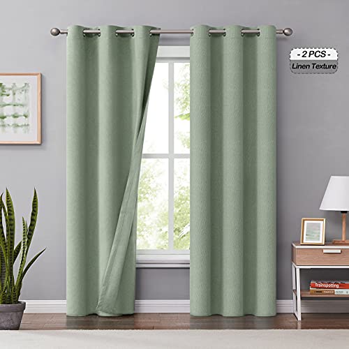 Melodieux Linen Green Blackout Curtains 84 Inches Long for Bedroom, Living Room Darkening Thermal Insulated Farmhouse Burlap Grommet Drapes, 42 x 84 Inch, 2 Panels